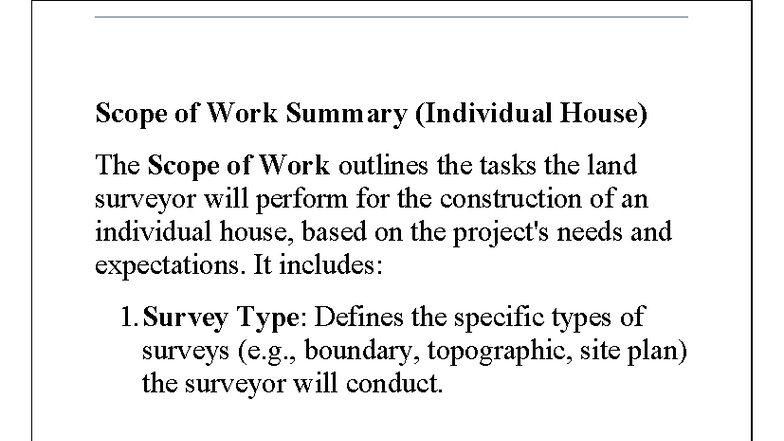 Scope of Work Summary for Individual House Surveying - Studocu