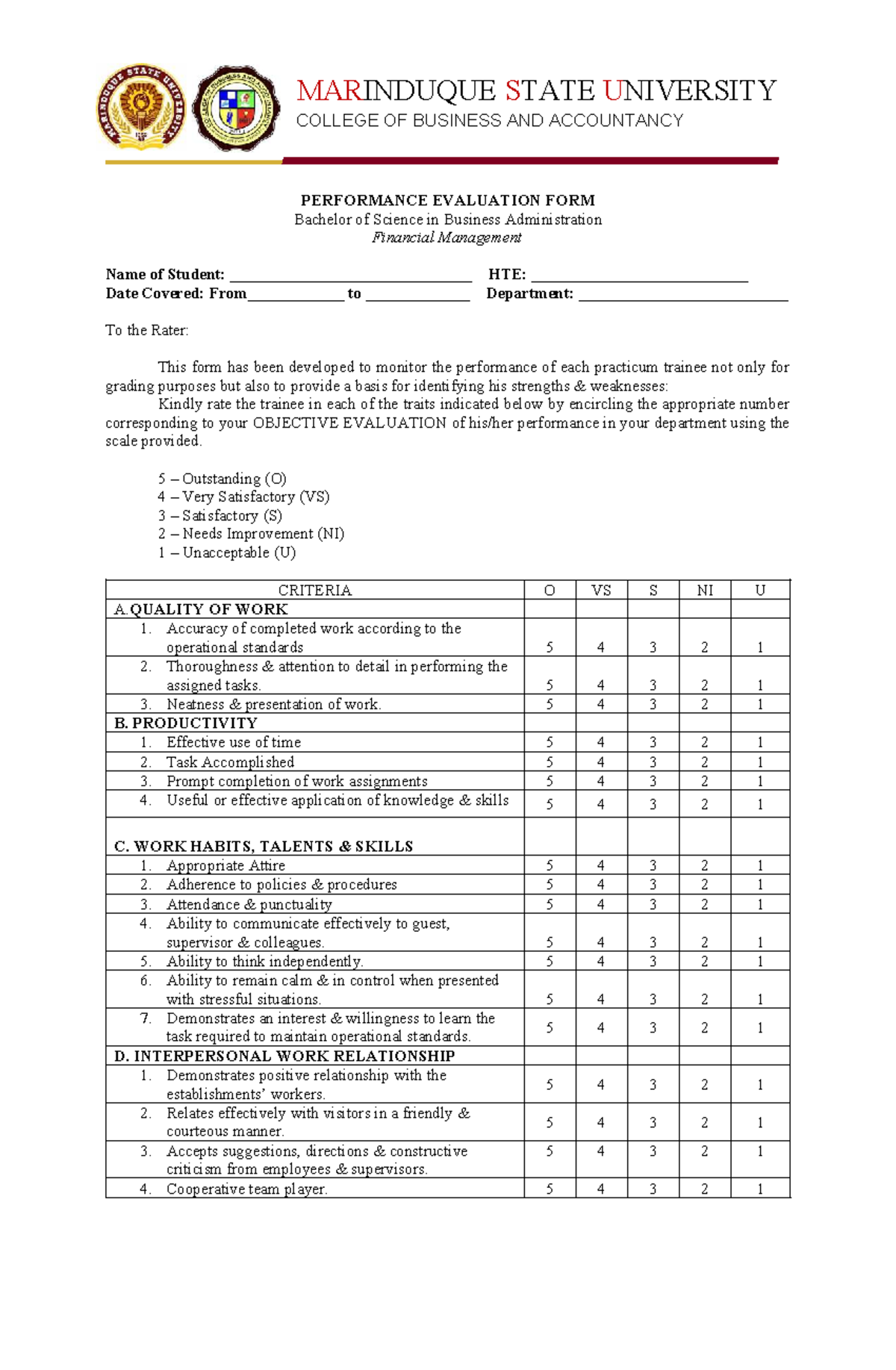 OJT Performance Evaluation Form for BSBA Financial Management - Studocu
