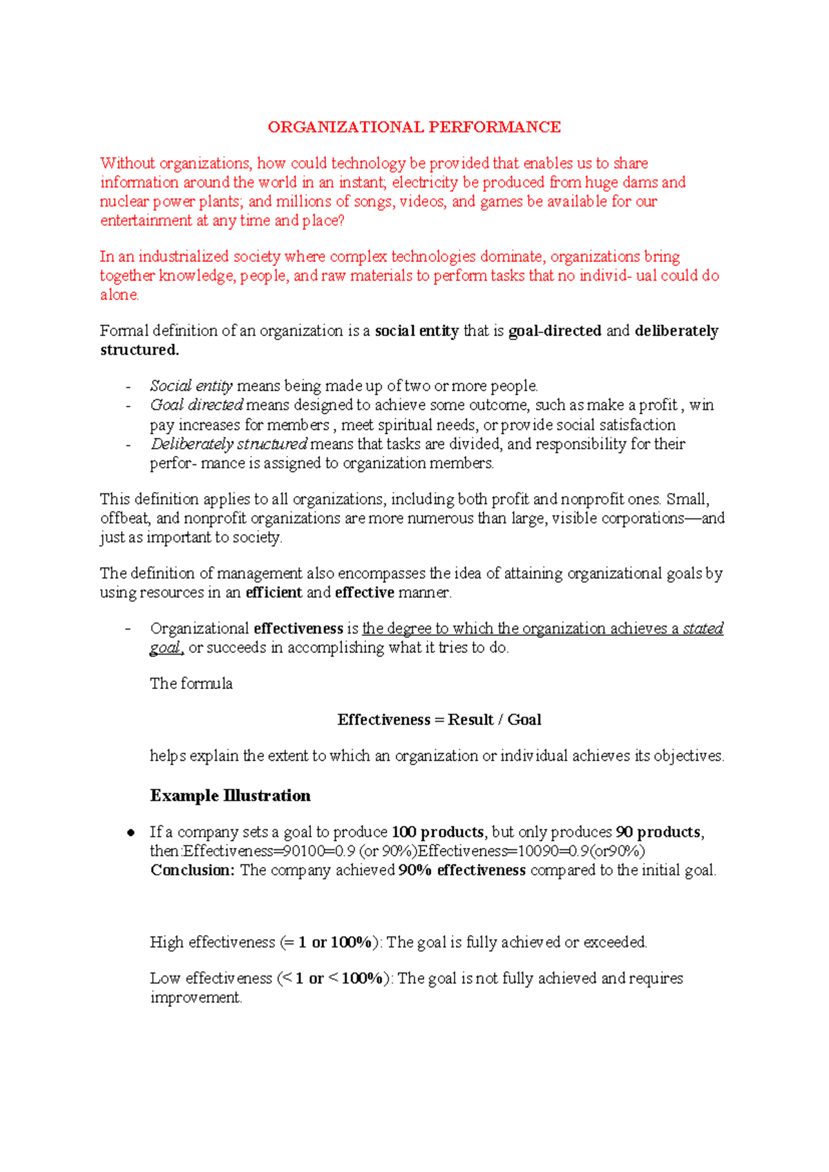Organizational Performance and Company Analysis - ORGANIZATIONAL ...