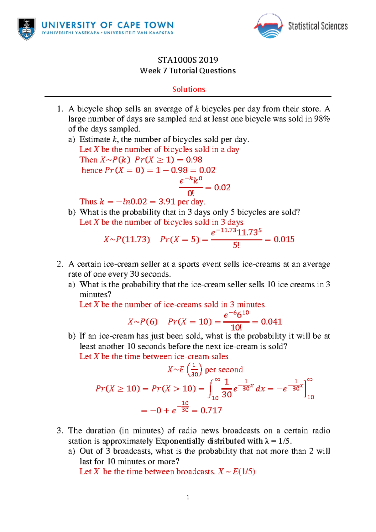 STA1000S 2019 Week 7 Tutorial Questions Solutions and Explanations - Studocu