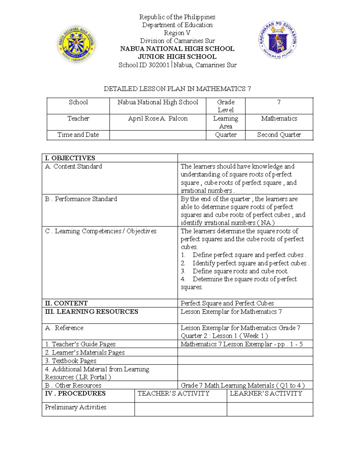 Detailed Lesson Plan in Mathematics 7: Square Roots & Perfect Cubes ...