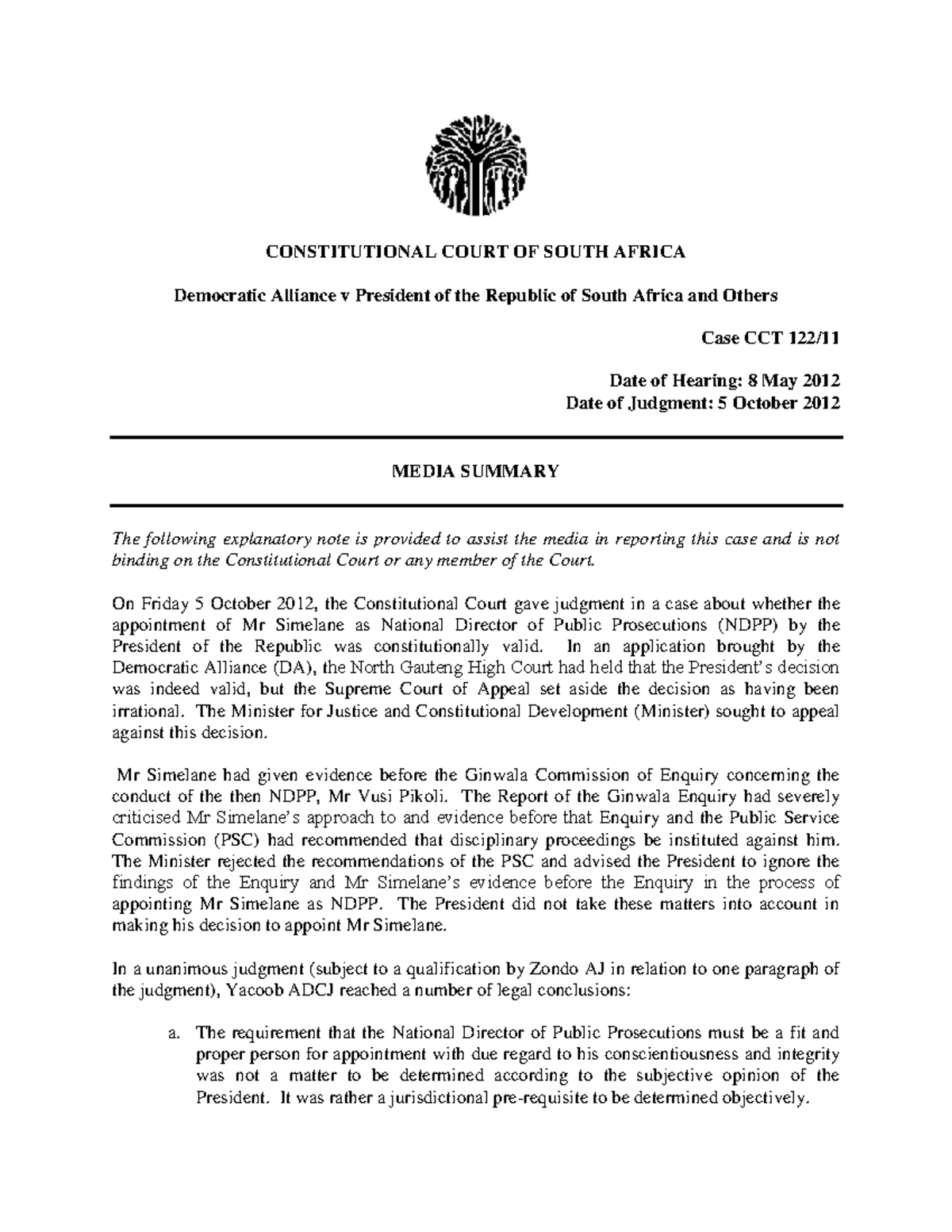 Democratic Alliance v President of RSA: Constitutional Court Case ...