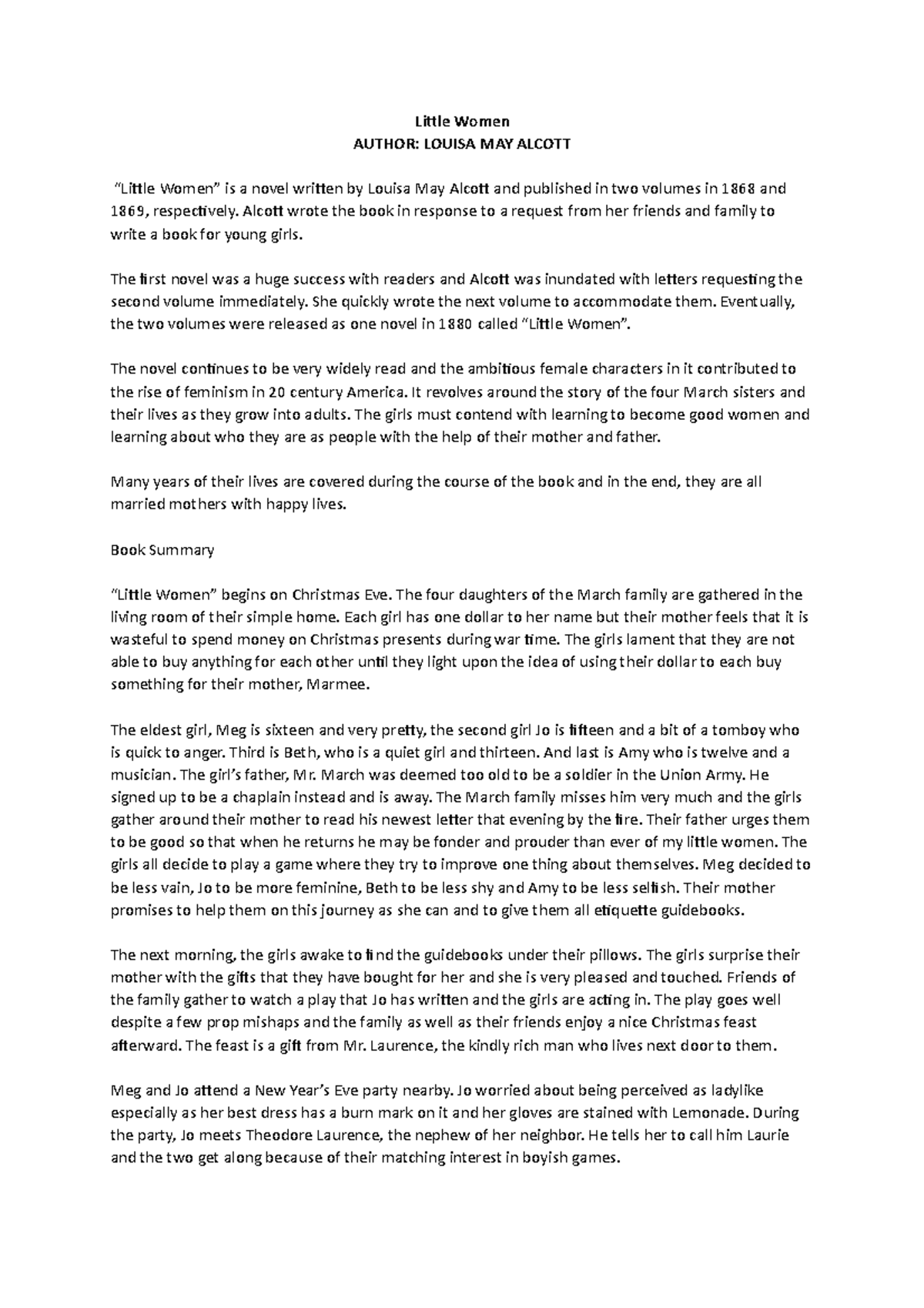 Little Womenn - Summary - Little Women AUTHOR: LOUISA MAY ALCOTT ...