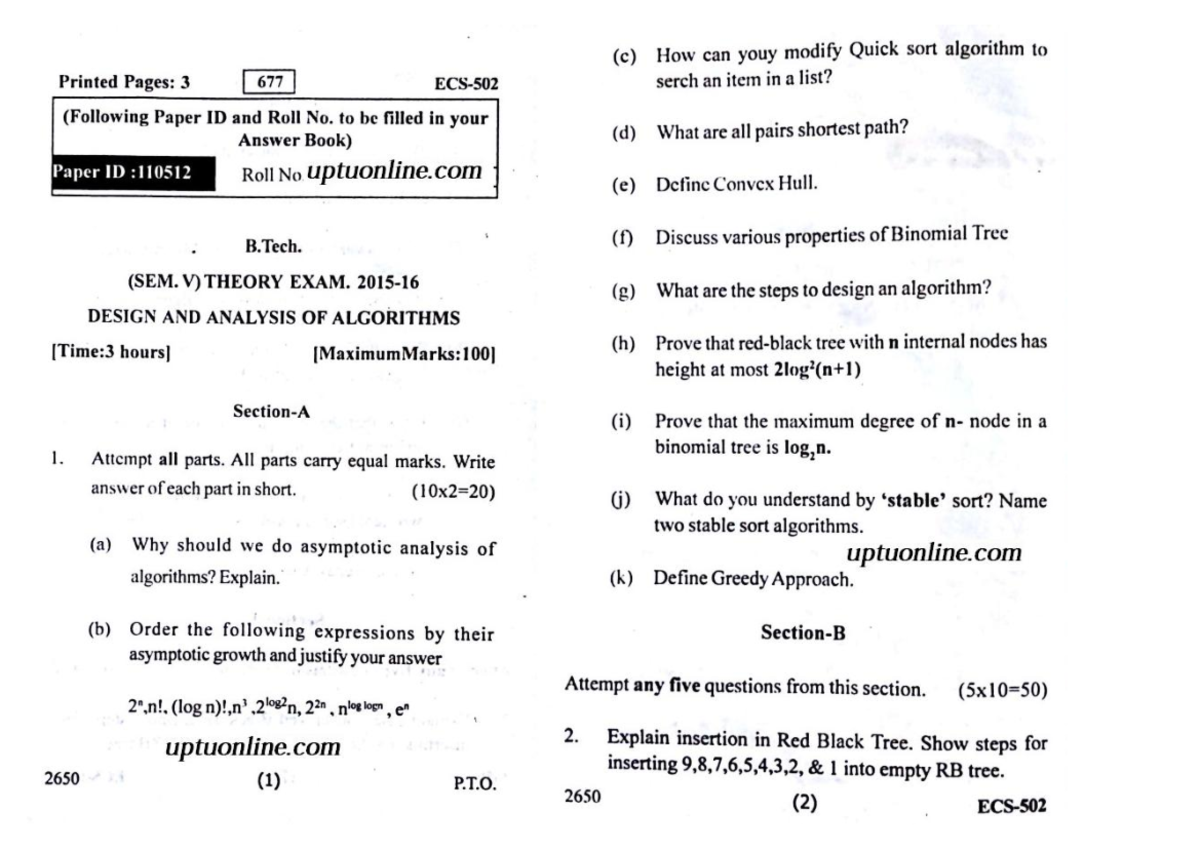 Btech cs 5 sem design and analysis of algorithms ecs 502 2016 - B.tech - Studocu