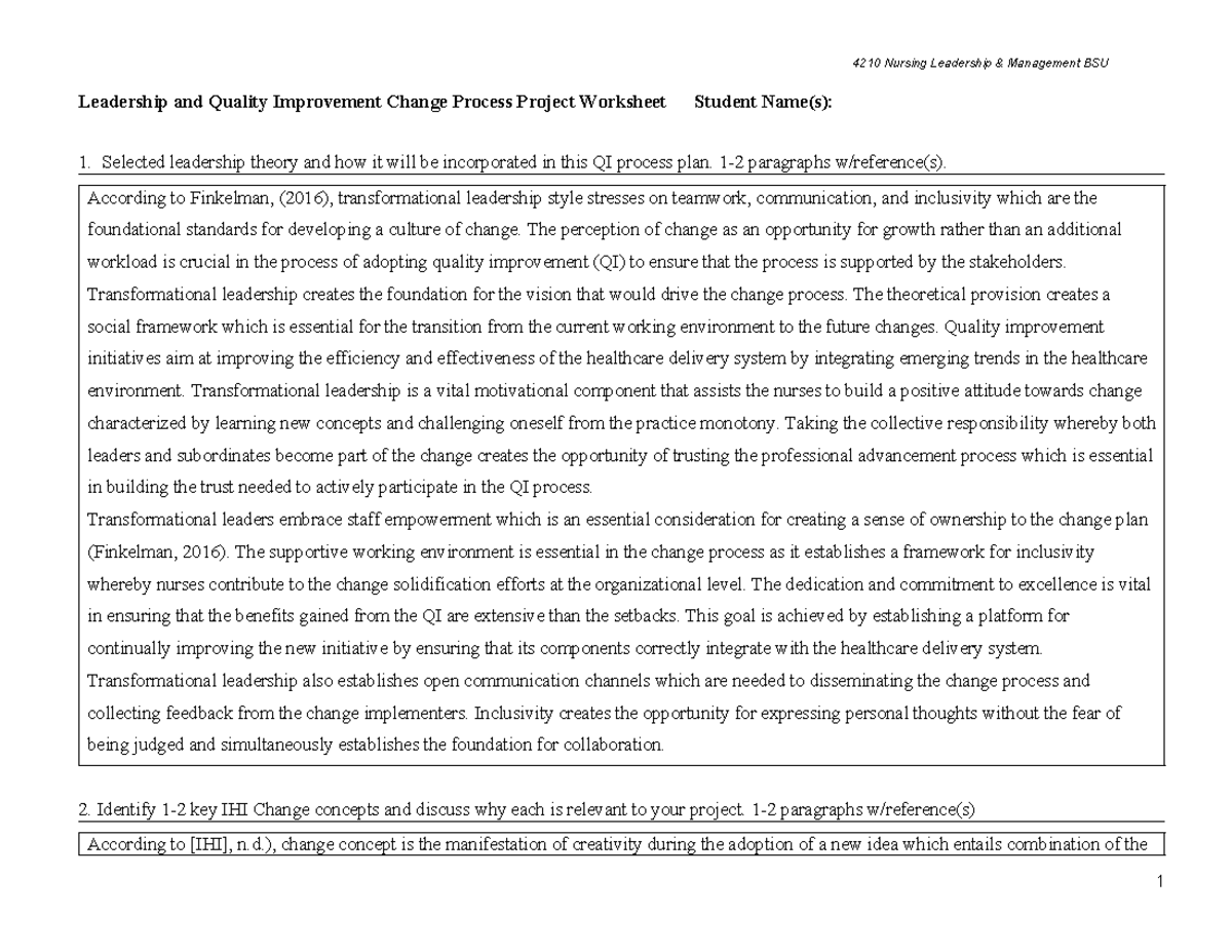 4210 Nursing Leadership Management BSU Quality Improvement Change ...