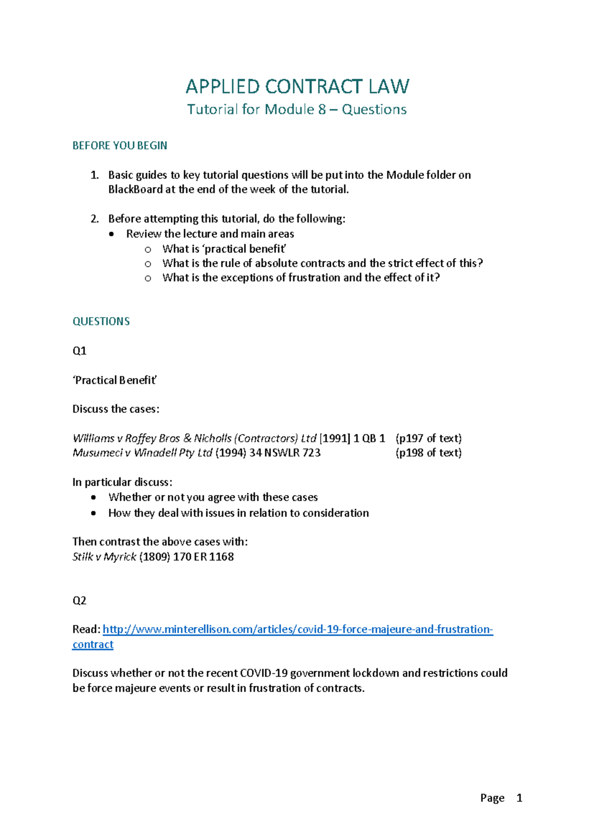 APPLIED CONTRACT LAW: Module 8 Tutorial Questions & Analysis - Studocu