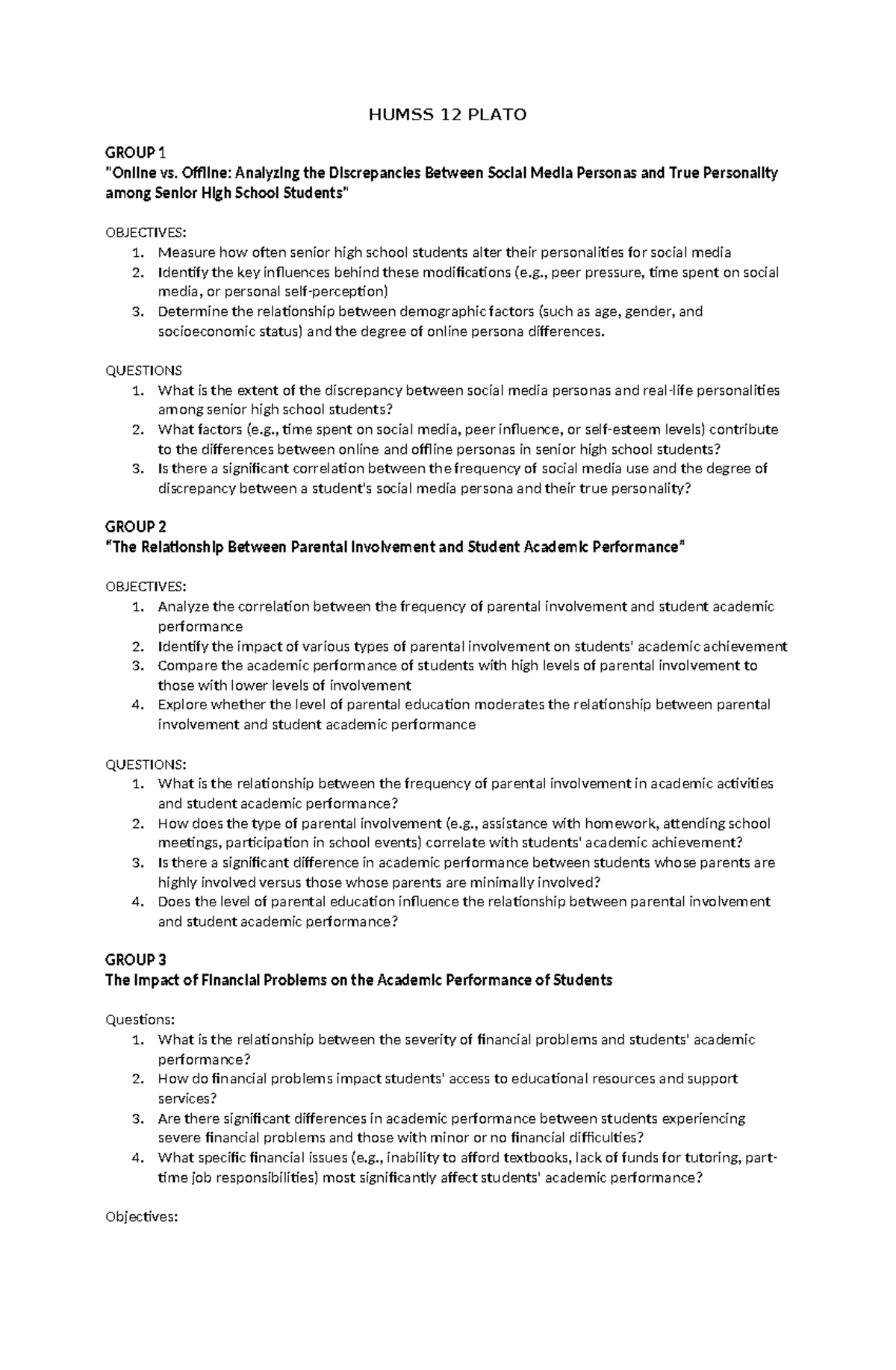 HUMSS 12 - PLATO: Critical Studies on Academic Influences and Outcomes - Studocu