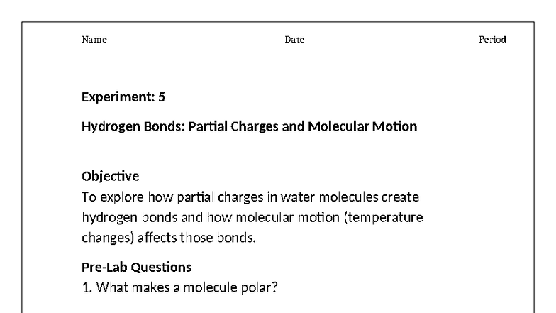 AP Biology Experiment: Hydrogen Bonds & Molecular Motion Worksheet ...