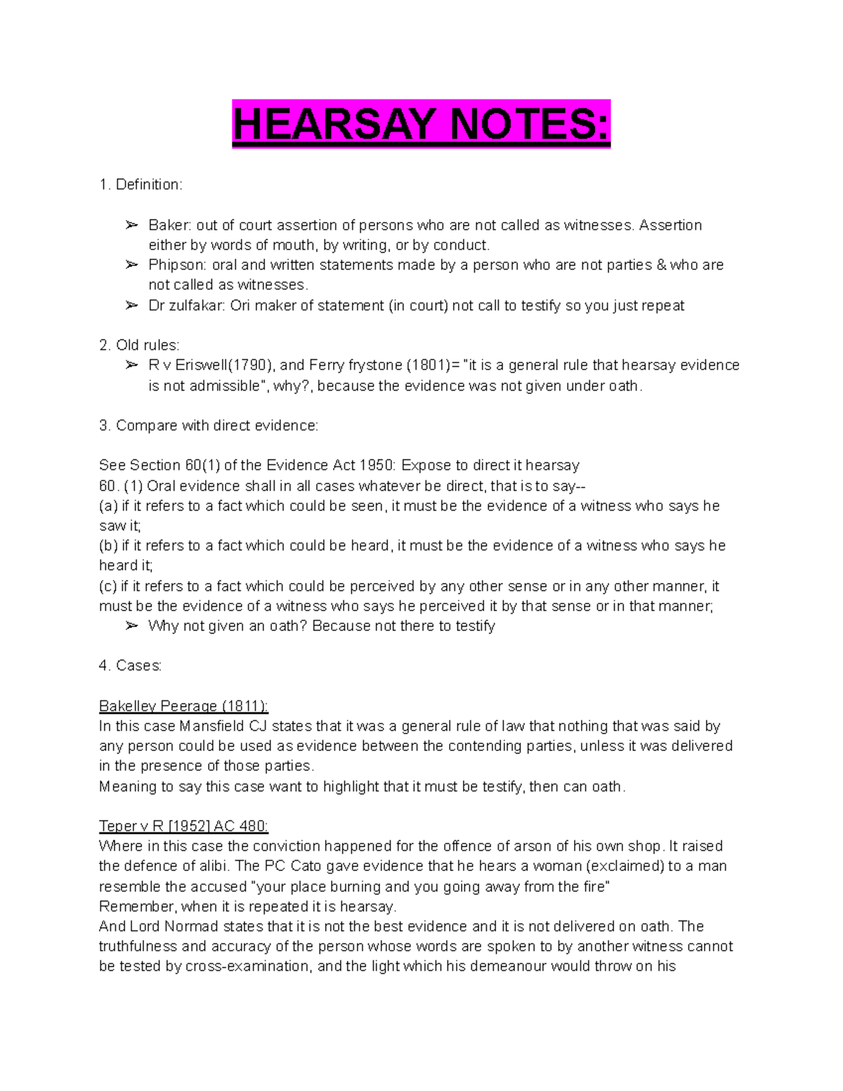 Hearsay Evidence: Key Cases and Principles (Law 101) - Studocu