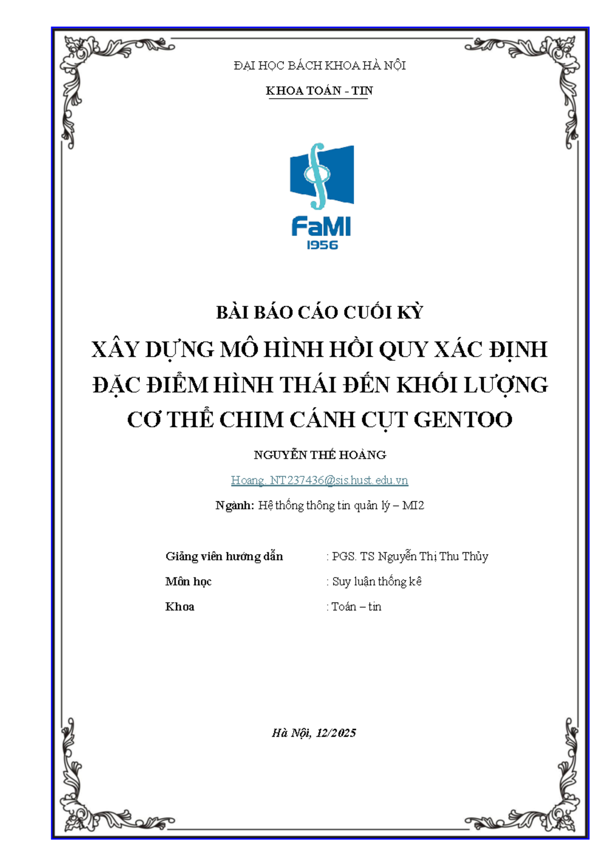 MI3031 BÁO CÁO CUỐI KỲ: MÔ HÌNH HỒI QUY CHIM CÁNH CỤT GENTOO - Studocu