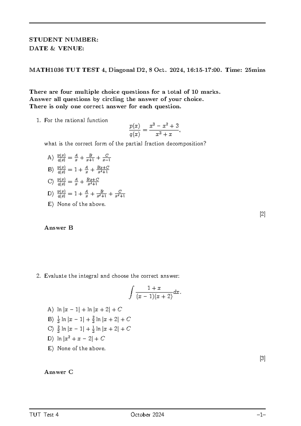 MATH1036 Tut Test 4 - Semester 2, 8 Oct 2024 - Key Questions and ...