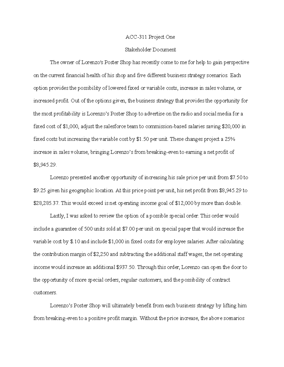 ACC-311 Project One - Strategic Analysis for Lorenzo's Poster Shop ...