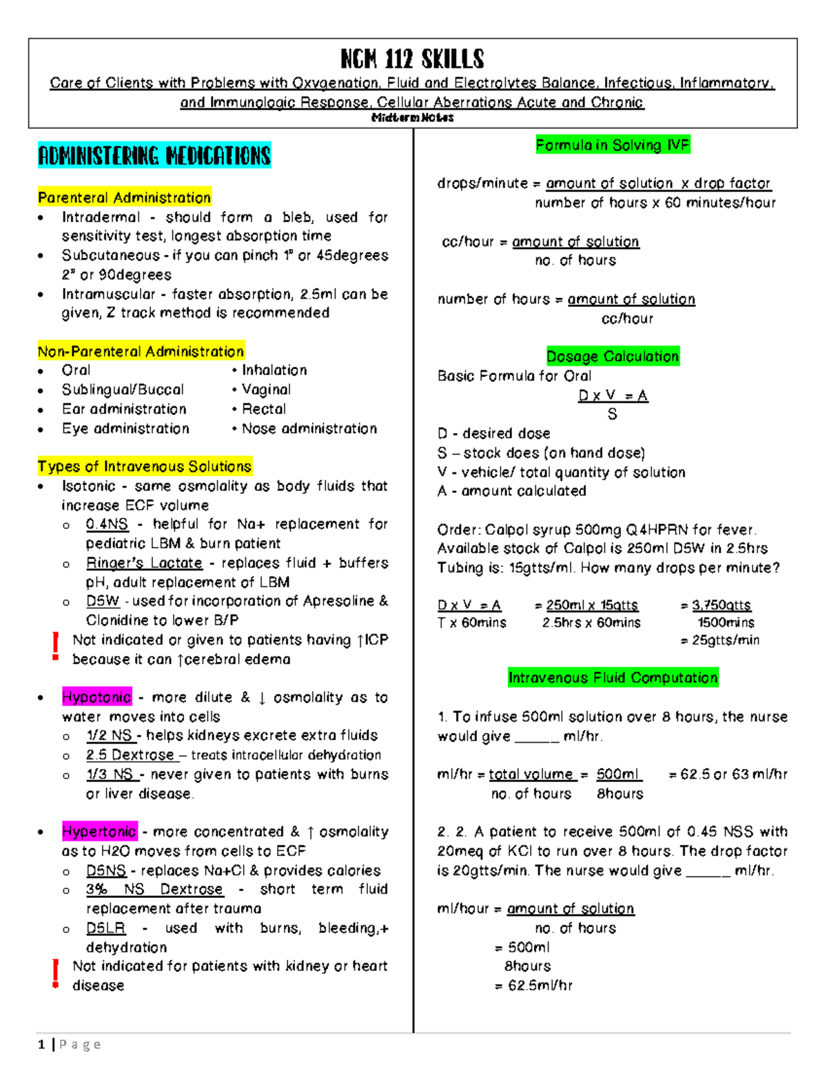NCM 112 Skills - Midterm Notes on IV Therapy and Fluid Management - Studocu
