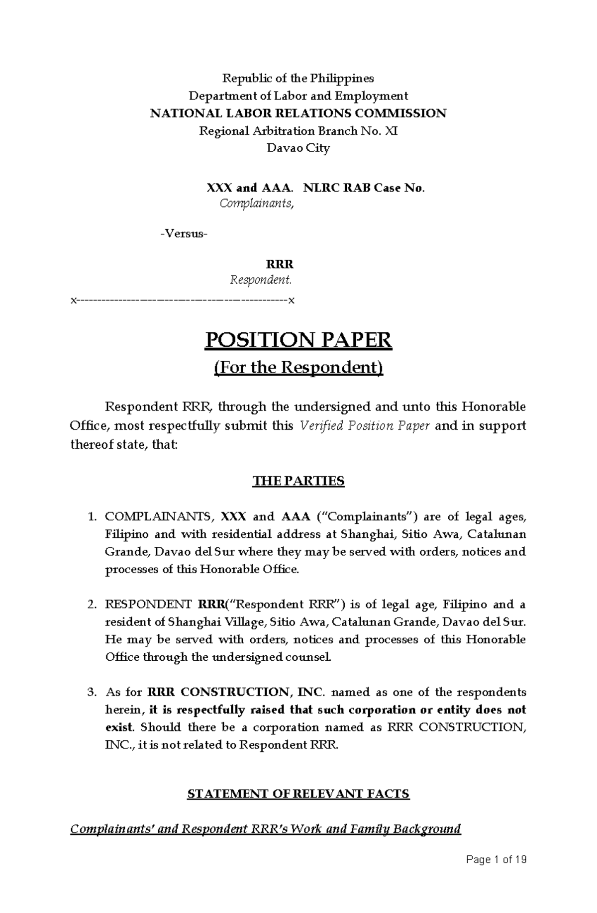 NLRC RAB Case No. Position Paper for Respondent: Labor Relations ...