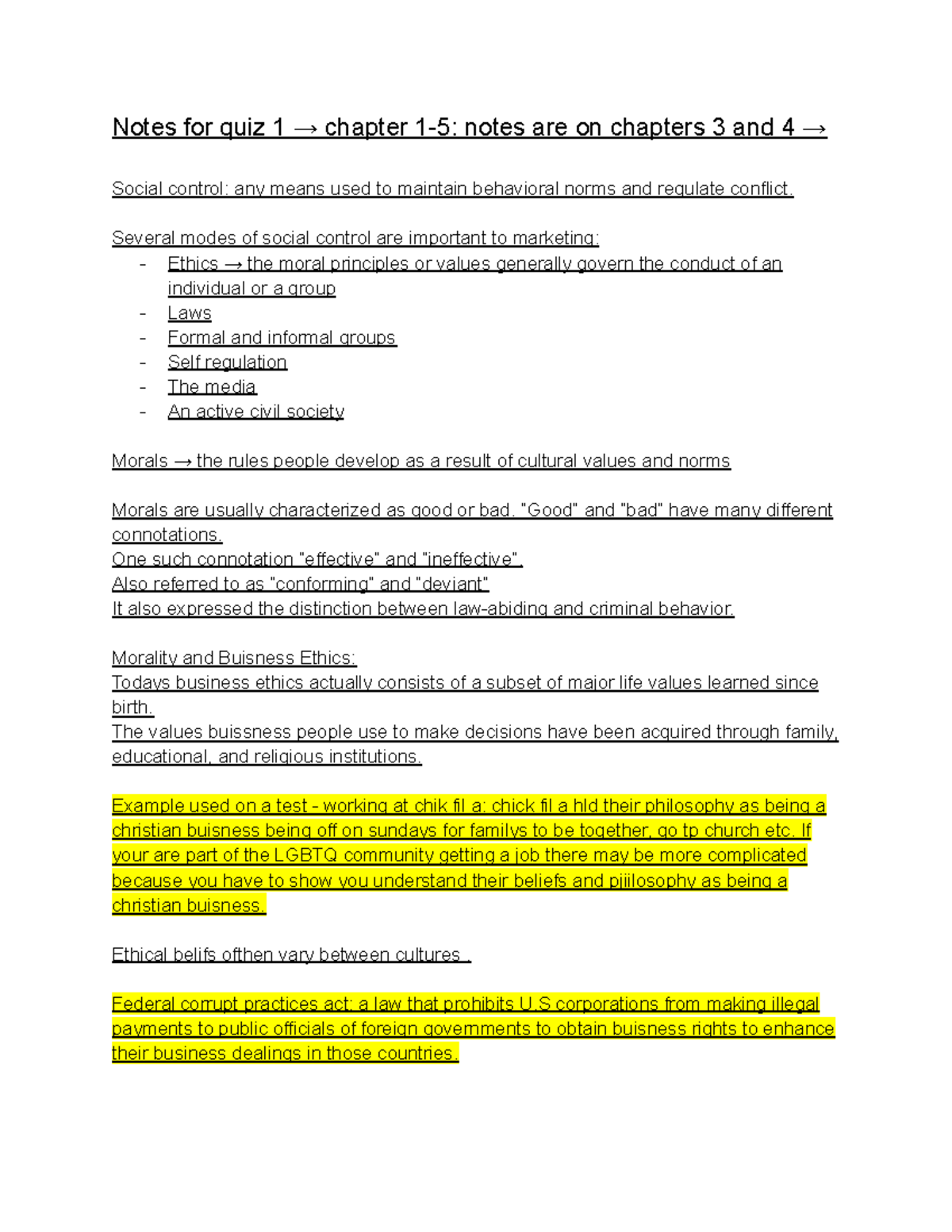 Quiz 1 Notes: Chapters 1-5 on Ethics and Business Practices - Notes for ...