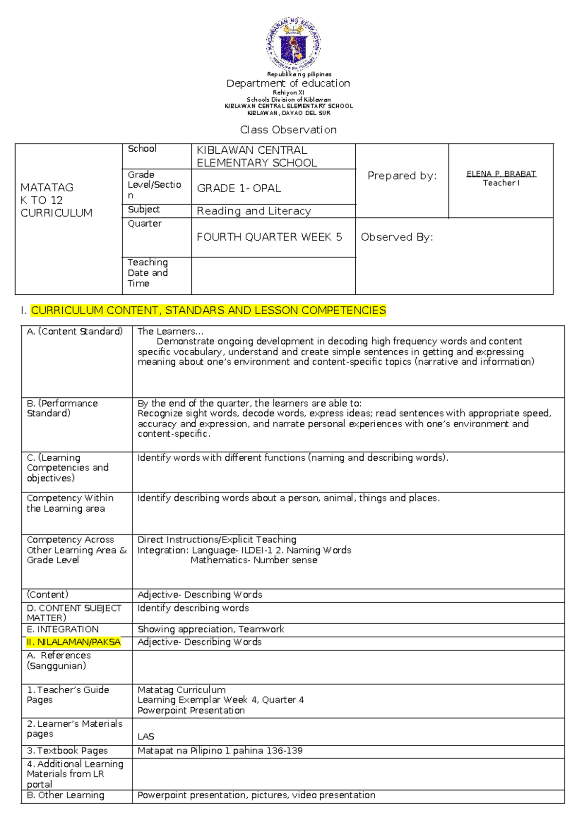 Lesson Plan for Filipino 1: Reading and Literacy - Fourth Quarter Week ...