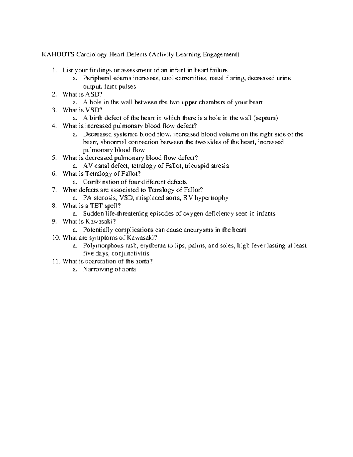 KAHOOTS Cardiology Heart Defects Overview & Key Findings - Studocu