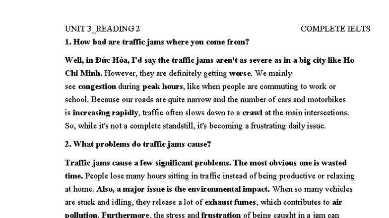 COMPLETE IELTS UNIT 3: Reading 2 Traffic Jam Insights - Studocu