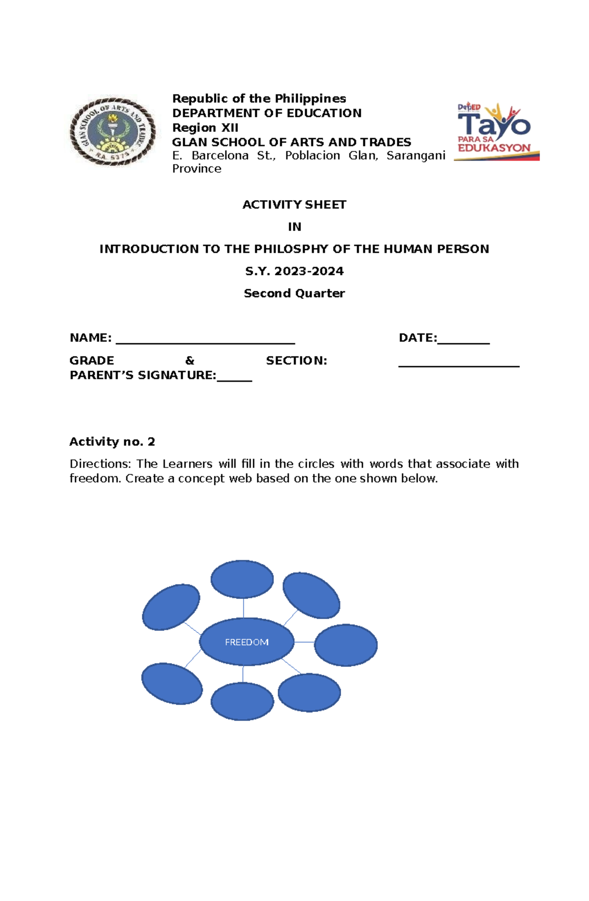 Activity Sheet in Intro to Philosophy of the Human Person S.Y. 2nd Qtr ...