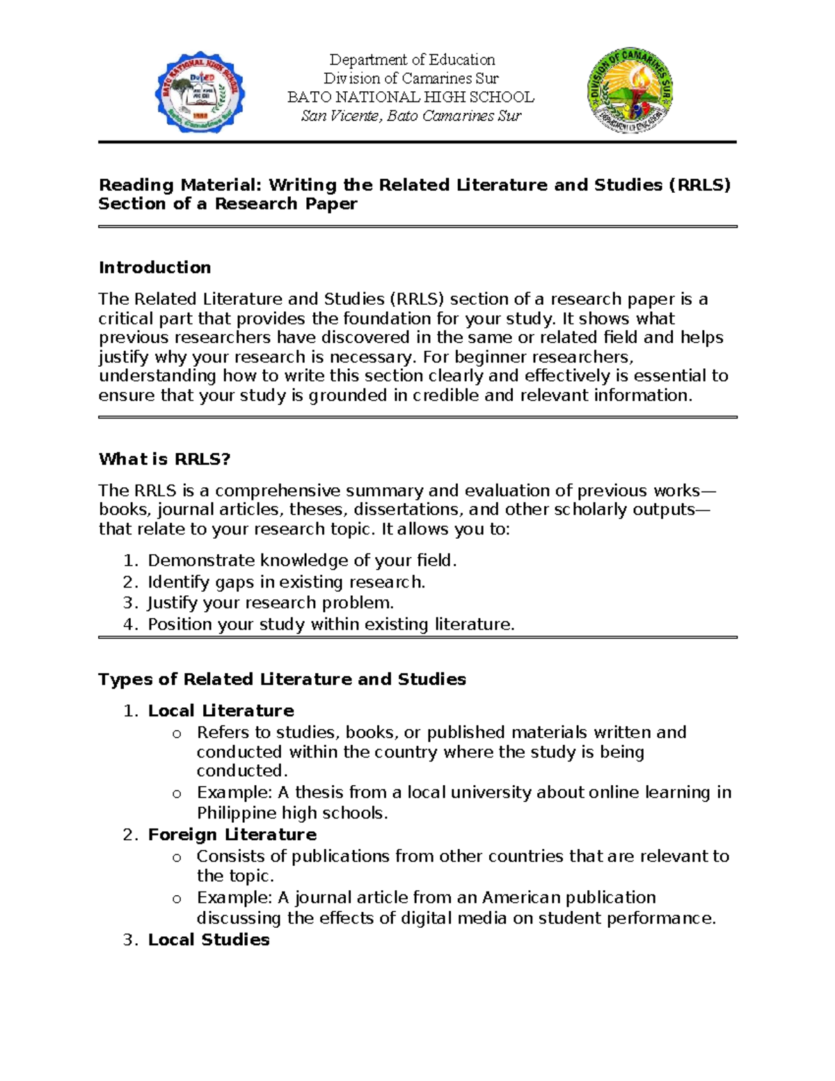 Related Literature and Studies Guide (RRLS) for Research Papers - Studocu