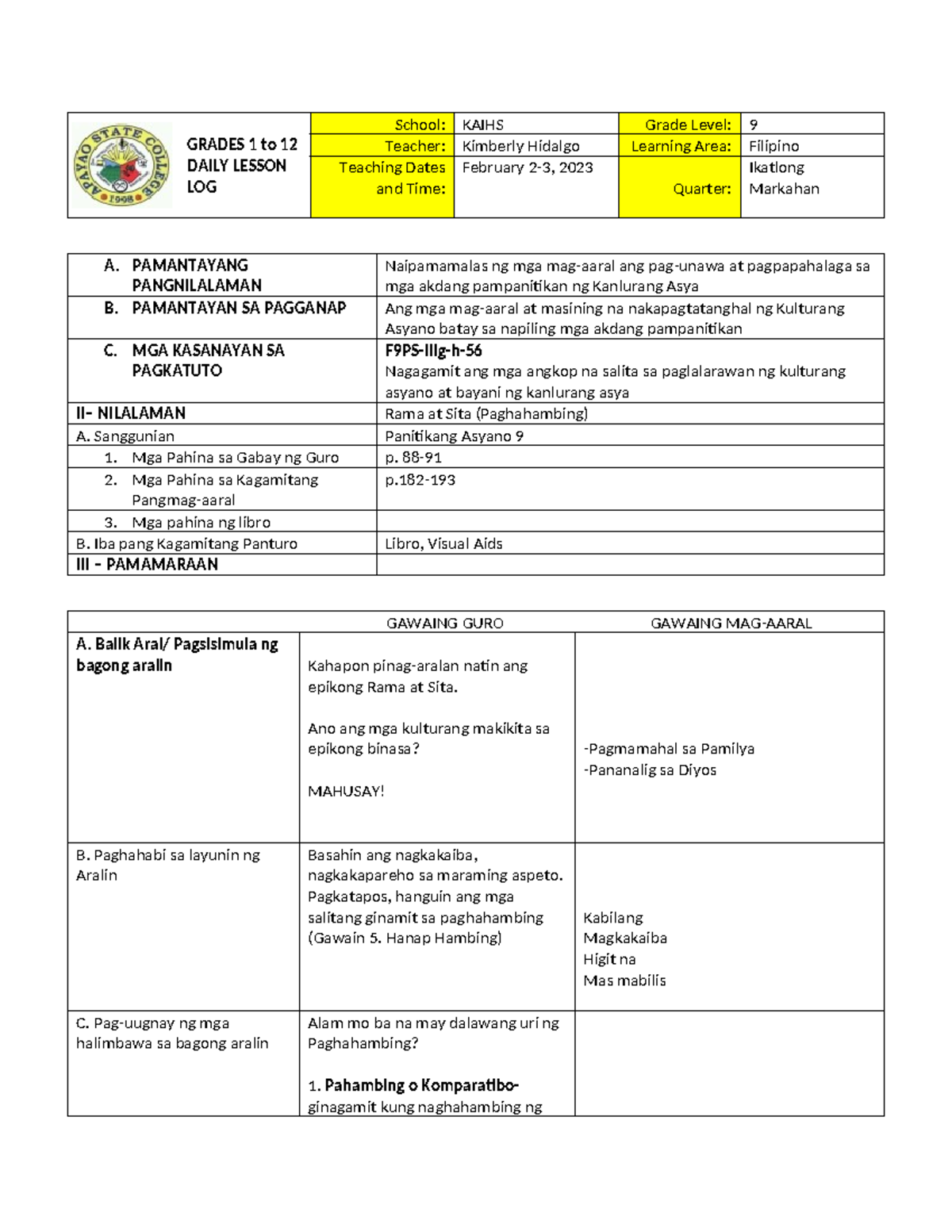 Paghahambing ng Epikong Rama at Sita: Daily Lesson Log (Grade 9) - Studocu