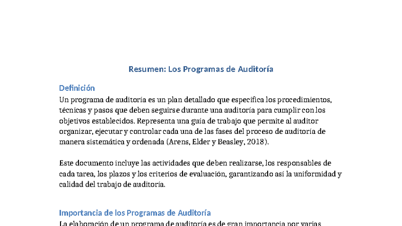 Resumen de Programas de Auditoría: Definición y Clasificación - Studocu