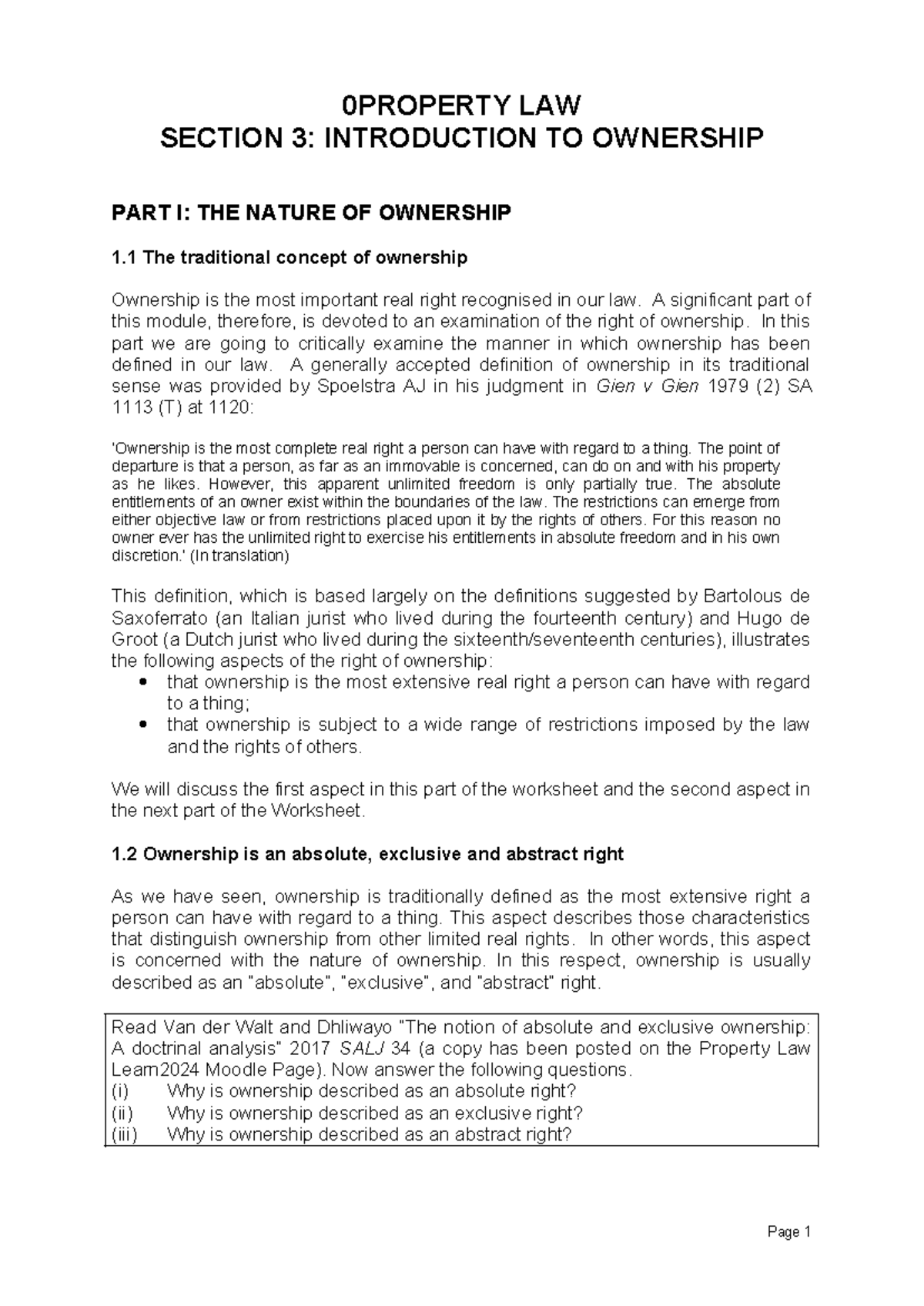 Worksheet 3 Introduction to Ownership - 0 PROPERTY LAW SECTION 3 ...