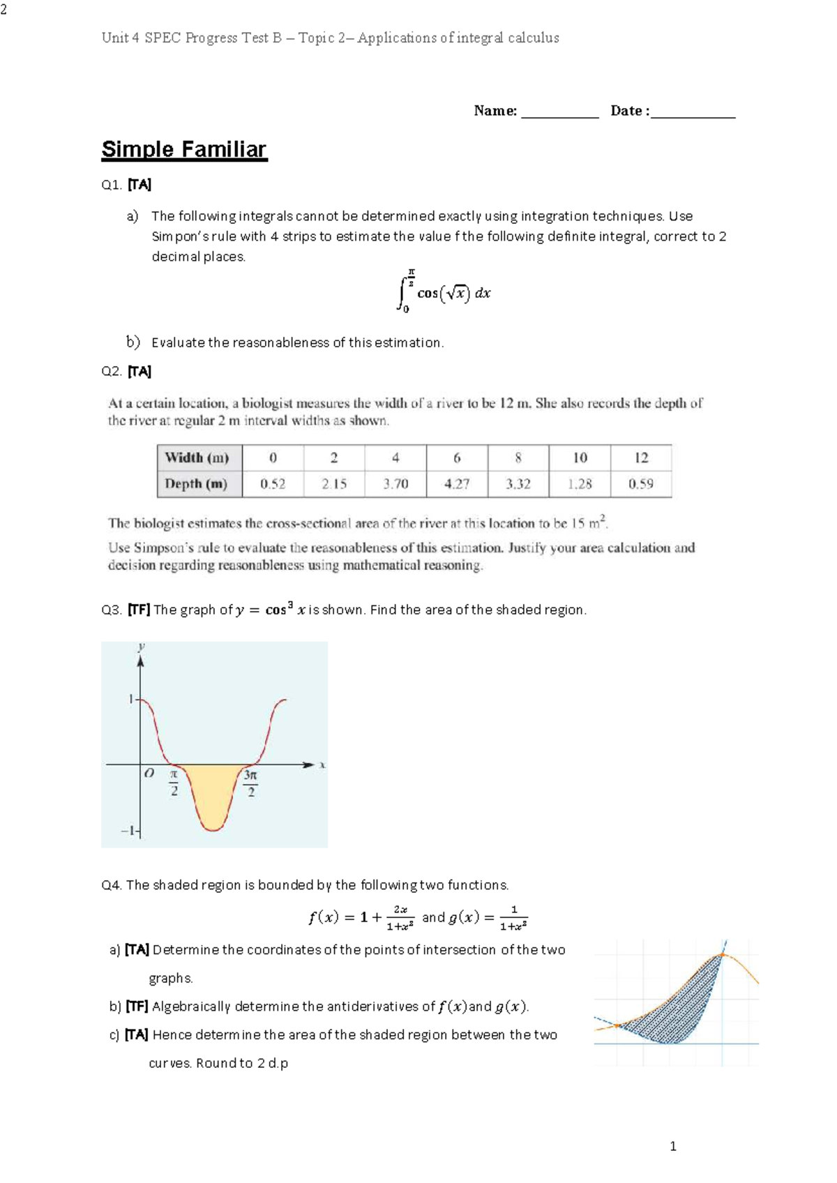 Unit 4 SPEC Progress Test B: Integral Calculus Applications - Studocu