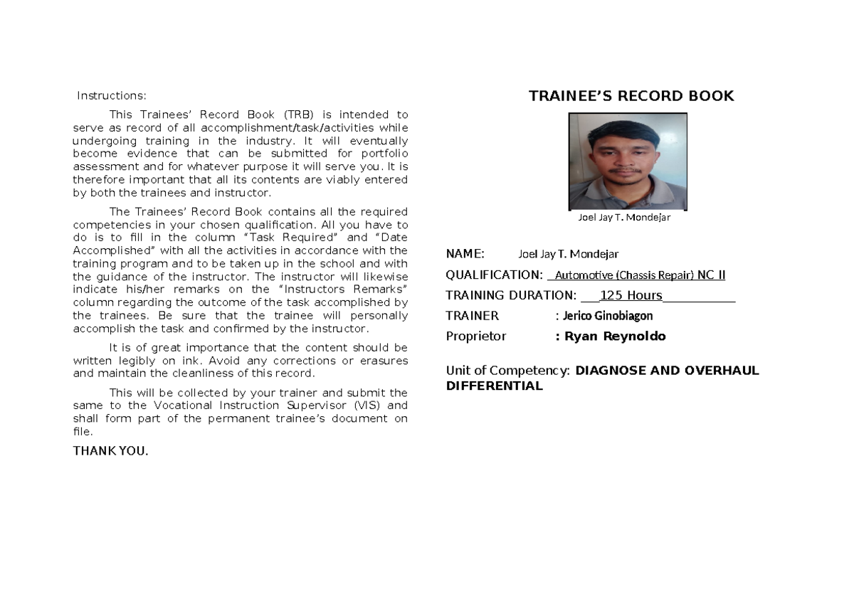 Automotive NC II Record Book for Differential Overhaul Training - Studocu