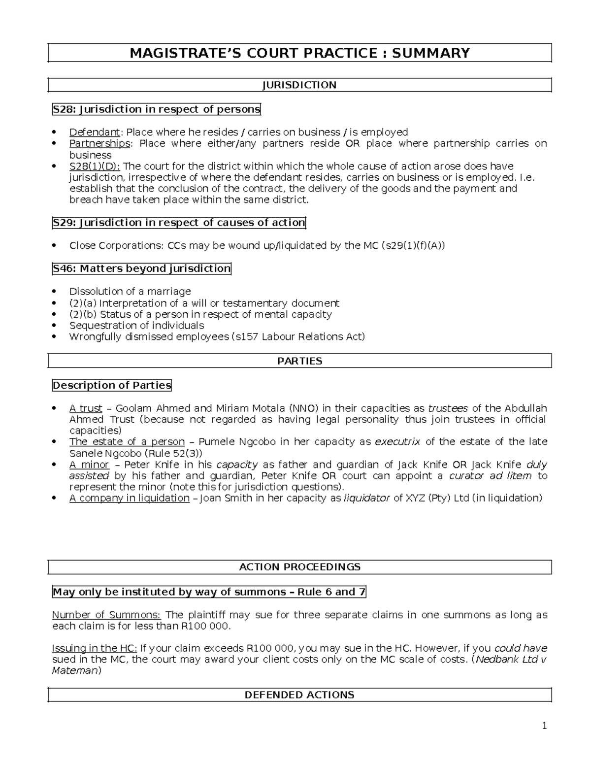 COURT PRACTICE: SUMMARY JURISDICTION & ACTION PROCEEDINGS (PAPER 1 ...