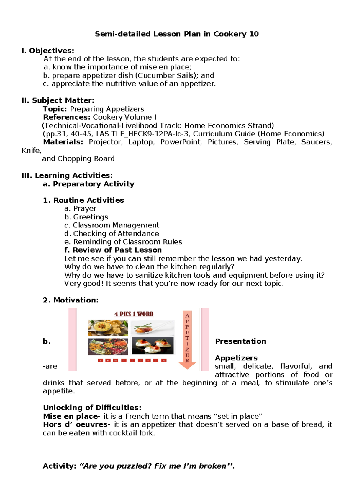 LP-IN- Cookery- Canape - Semi-detailed Lesson Plan in Cookery 10 I ...