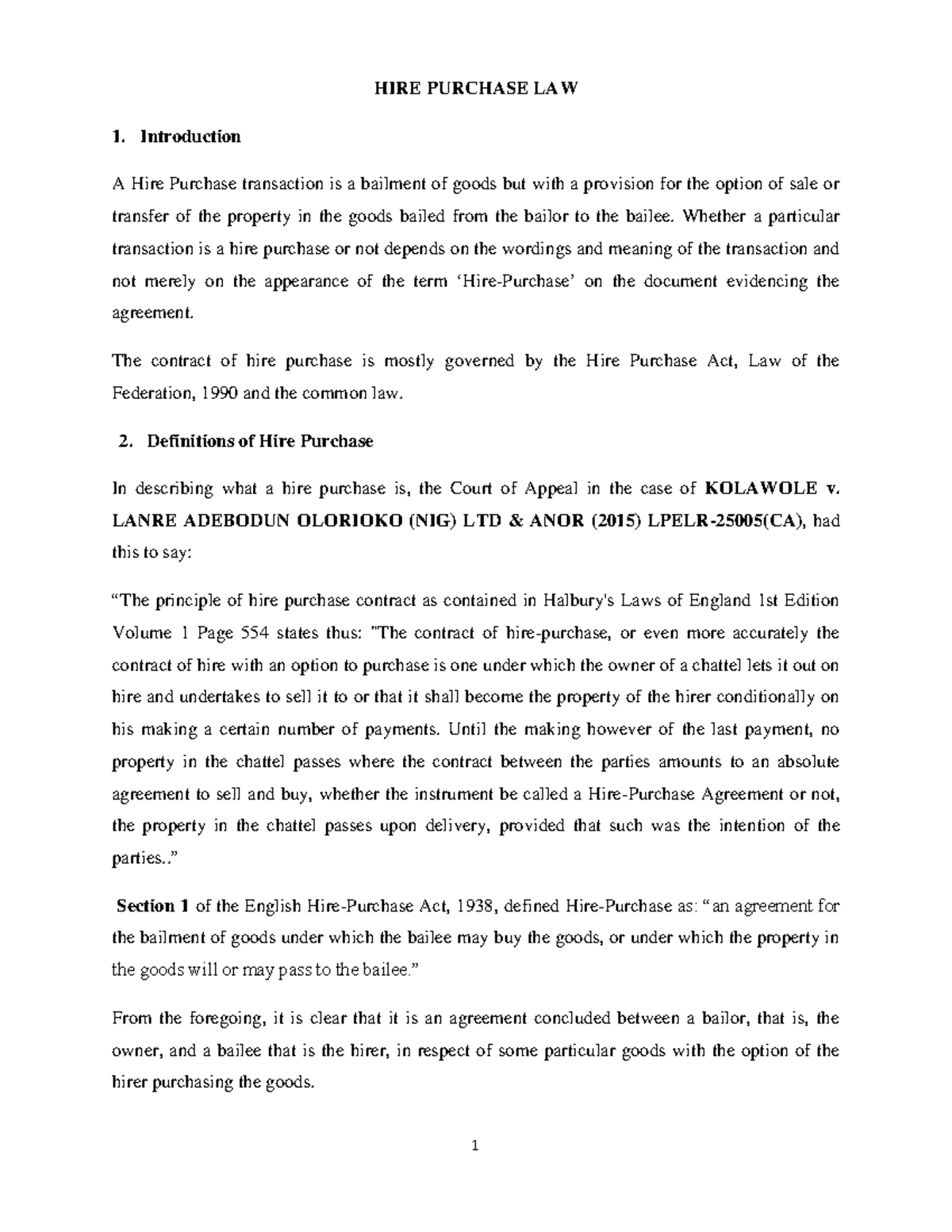 HIRE-Purchase Law Notes - 2024 Overview and Key Provisions - Studocu