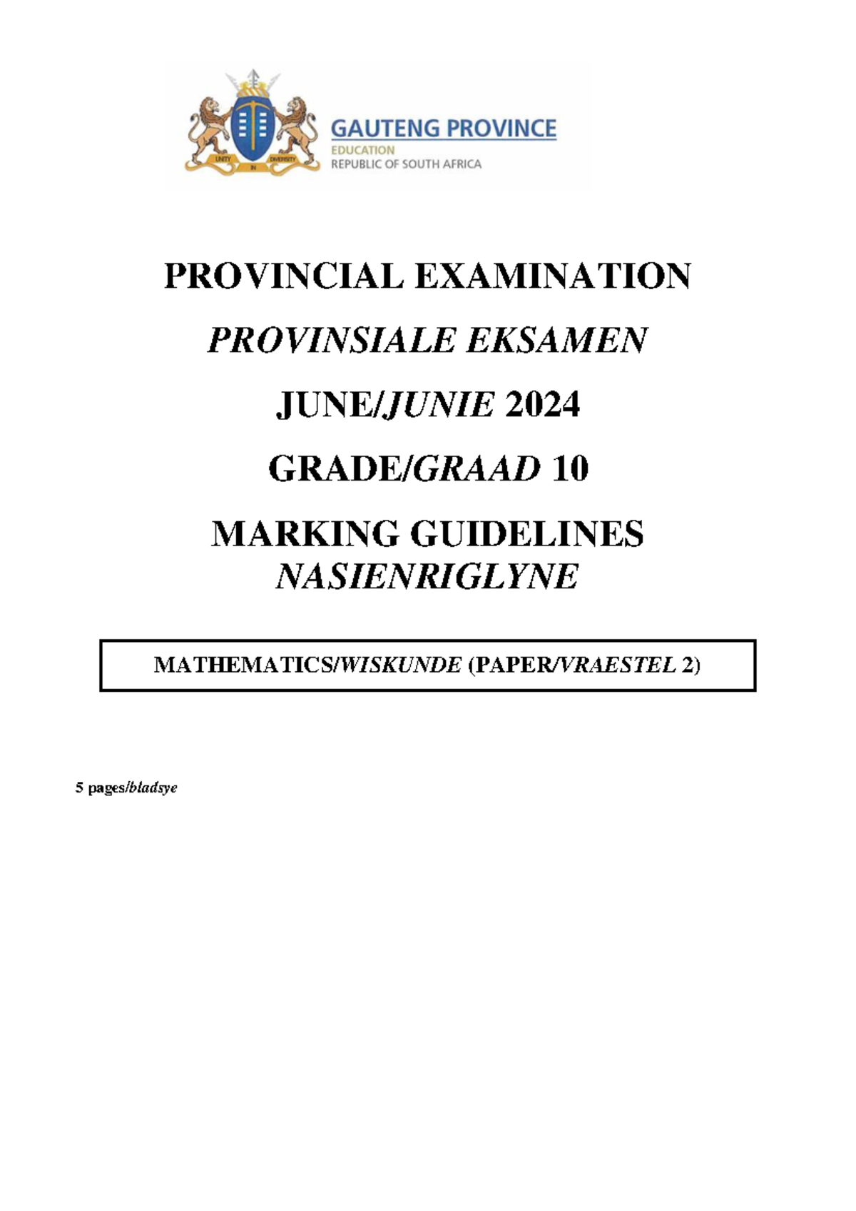 Grade 10 Mathematics P2 Marking Guidelines - June 2024 Exam - Studocu