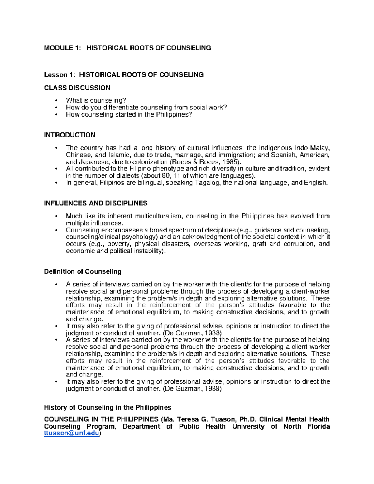 Module 1: History of Counseling and Helping Process in the Philippines ...