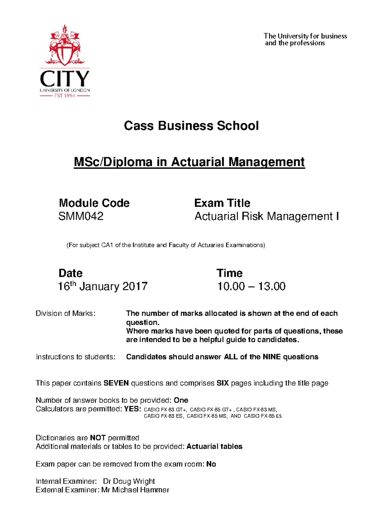 Actuarial Risk Management I CA1 Exam Paper - January 2017 Study Guide ...
