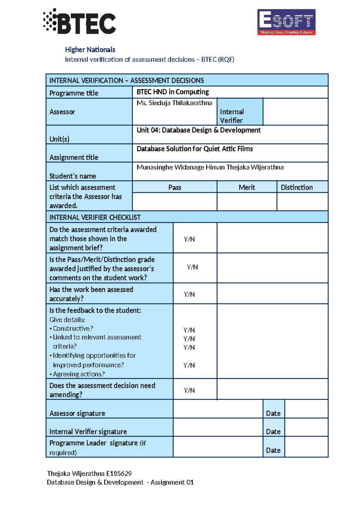 Unit 04 - Database design and Development Assignment (1st Marking ...