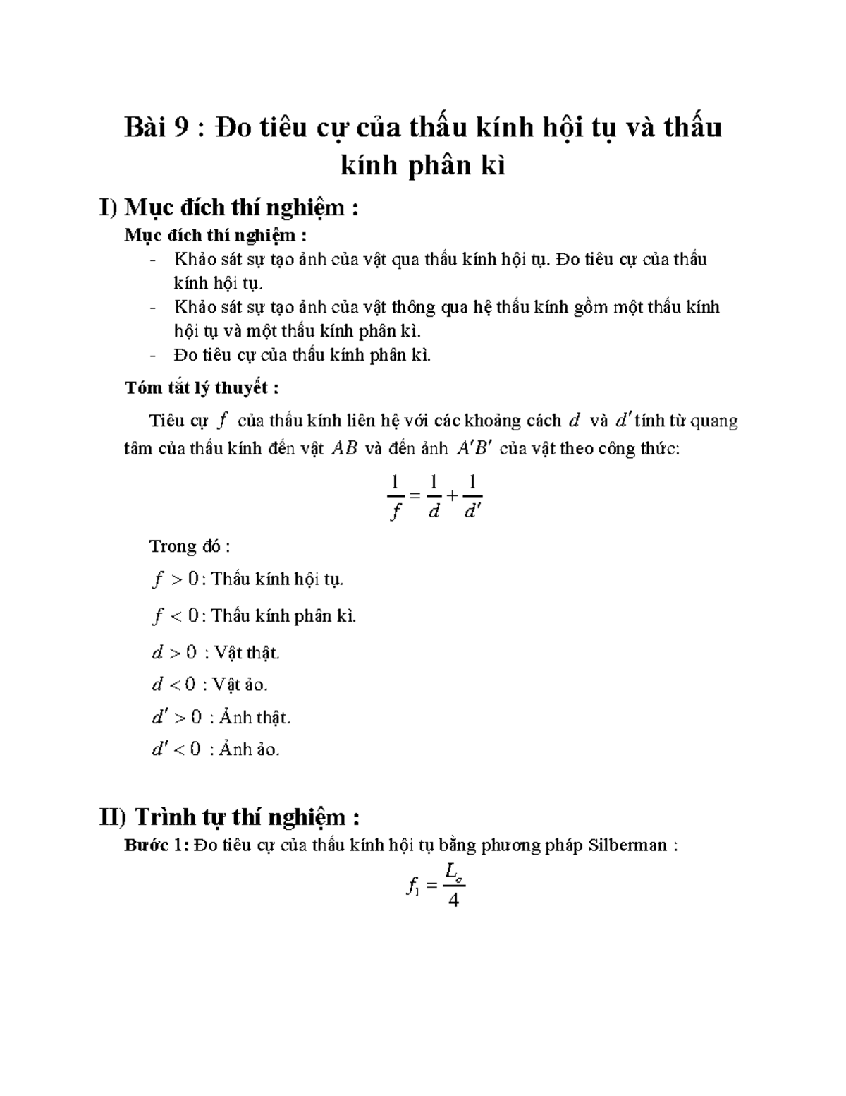 Tnvl bai 9 - báo cáo tnvl bài 9 - Bài 9 : Đo tiêu cự của thấu kính hội tụ và thấu kính phân kì I ...
