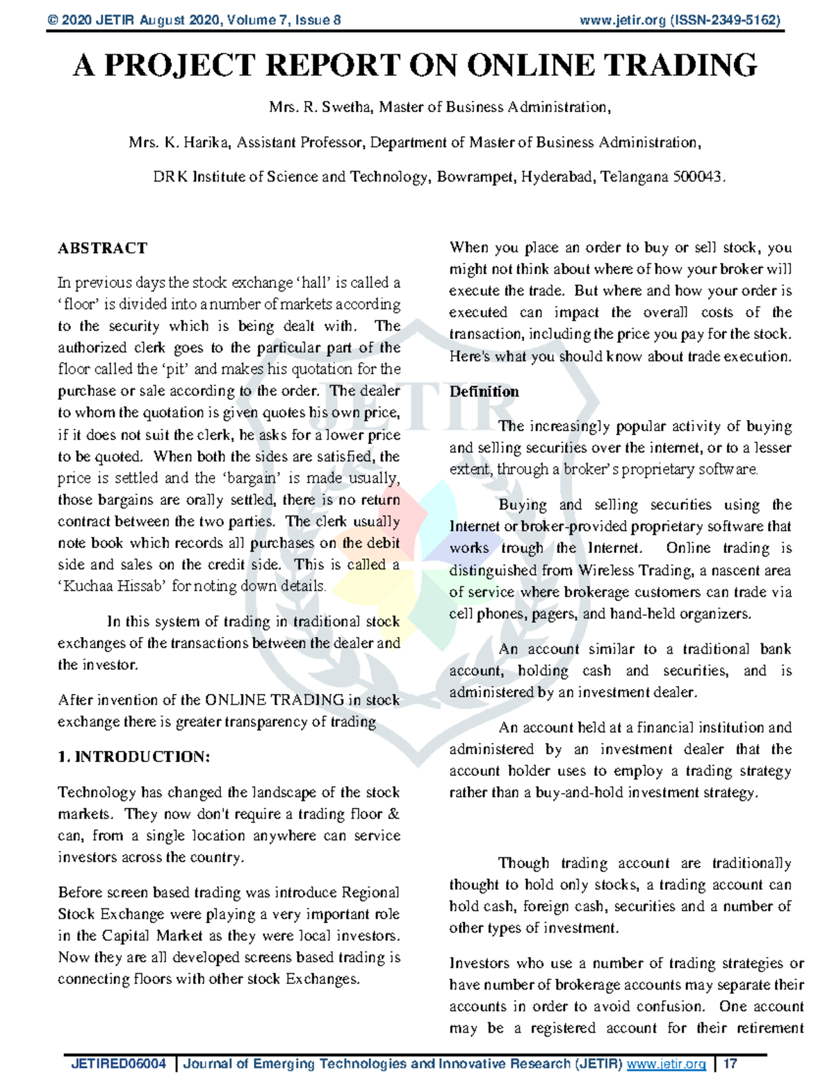MBA 101: Project Report on Online Trading System Analysis - Studocu