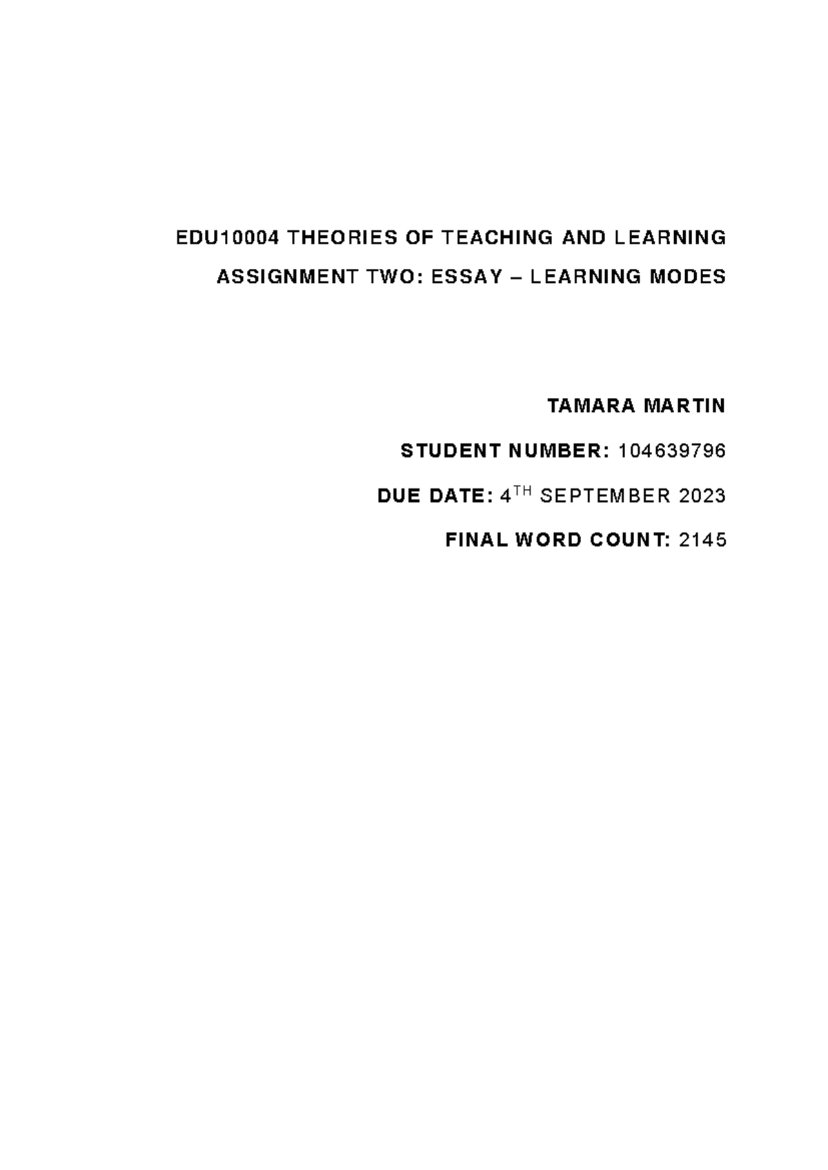 EDU1004: Theories of Teaching and Learning in Education Contexts - Studocu