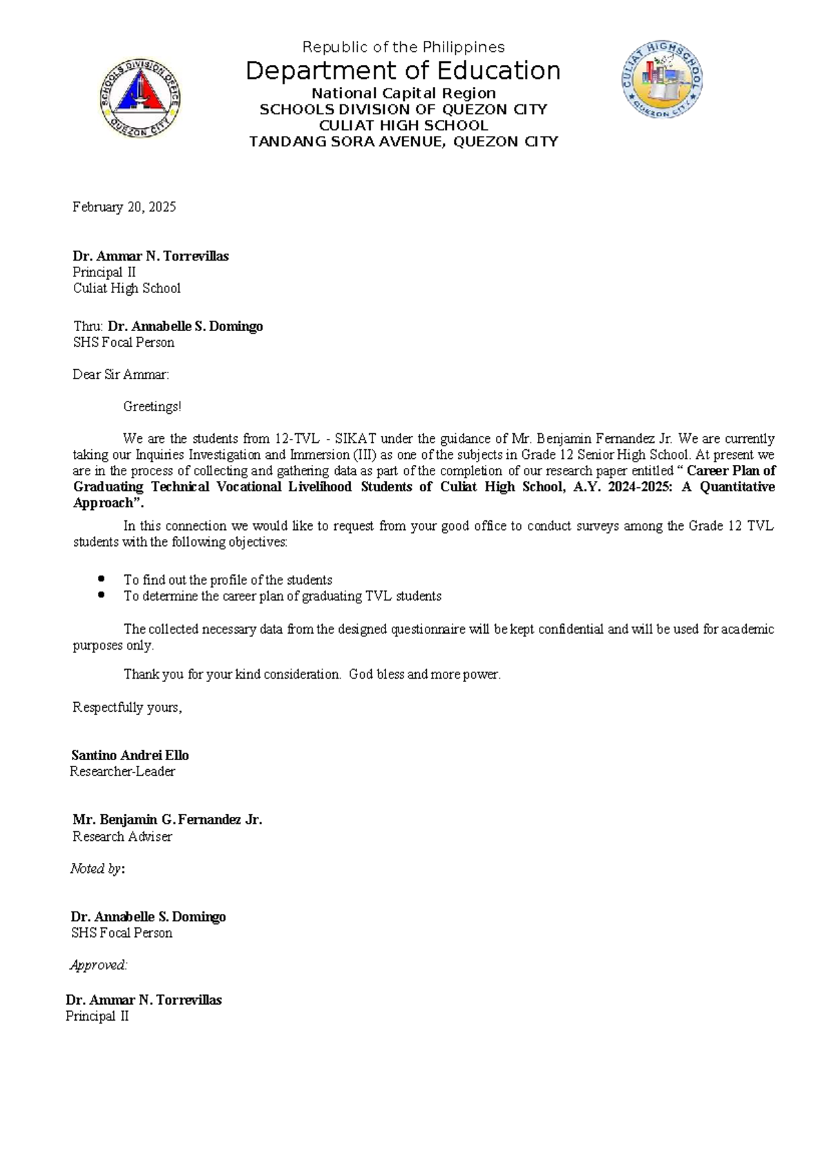 Ello - LETTER TO CONDUCT RESEARCH - Republic of the Philippines ...