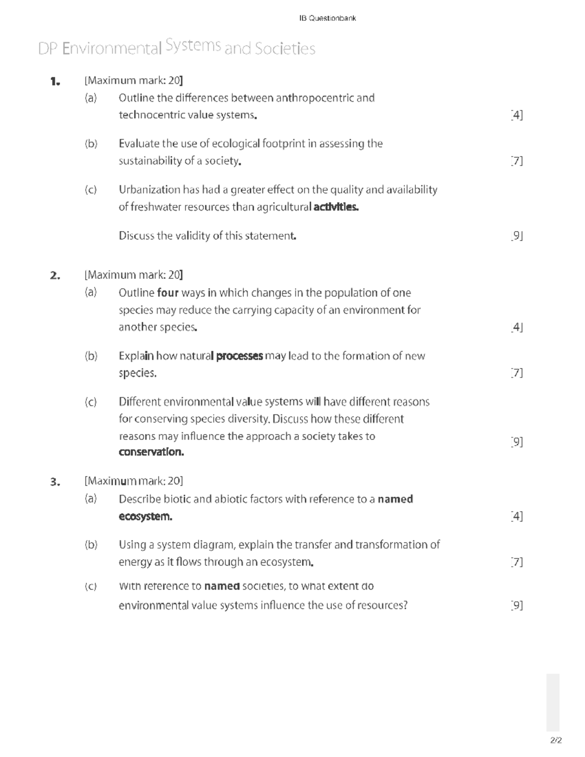 Environmental systems and societies paper 2 Questions - IB Questionbank ...