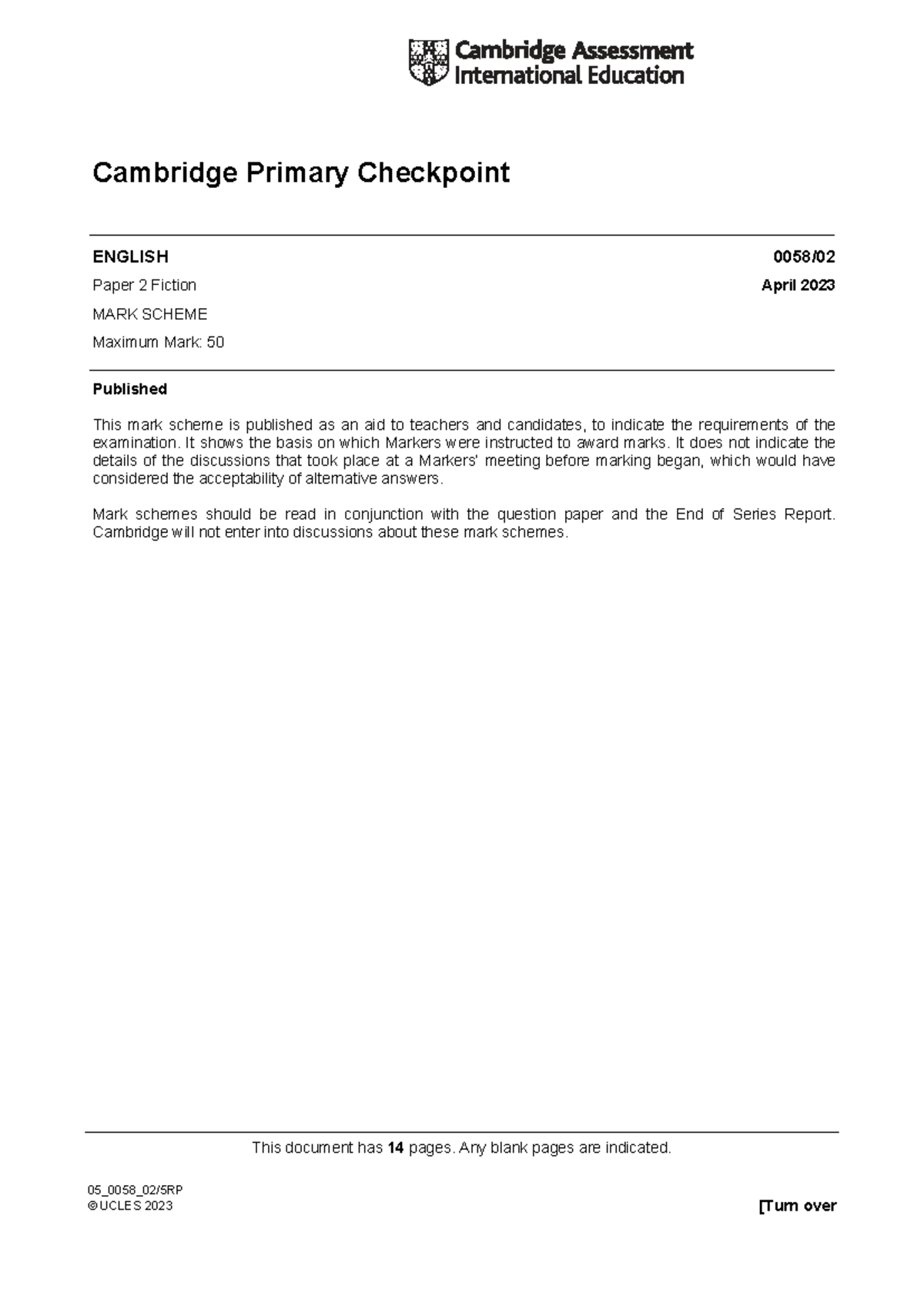 Cambridge Primary Checkpoint ENGLISH Paper 2 Fiction Mark Scheme April ...