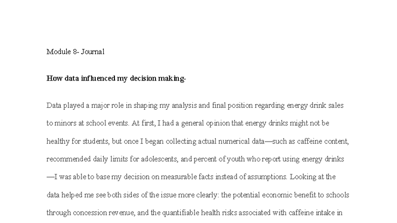 Module 8 Journal: Data-Driven Decision Making on Energy Drinks - Studocu