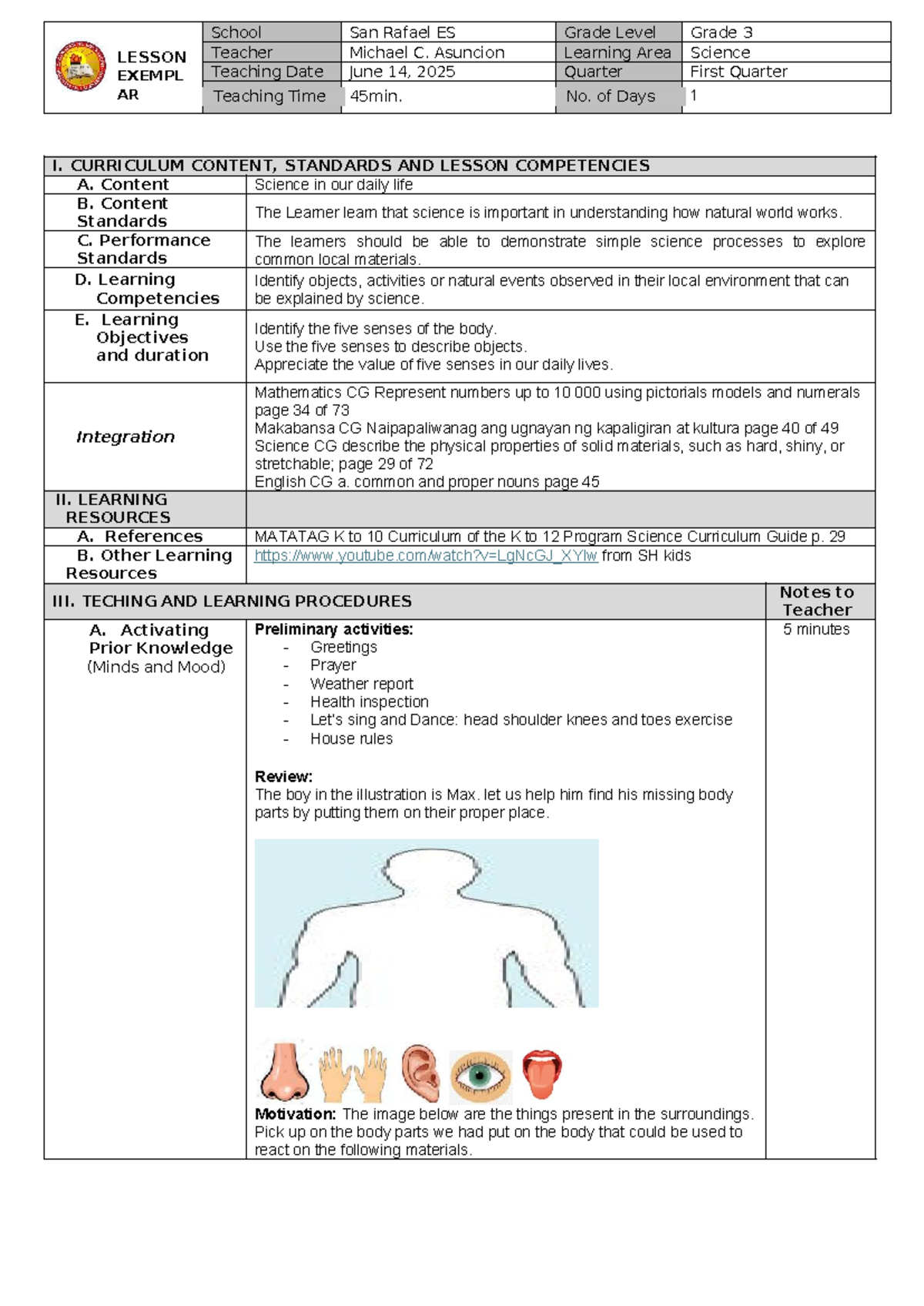 Grade 3 Science Lesson Plan: Exploring the Five Senses (Final Demo ...