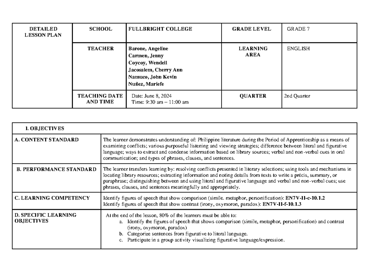 Figures of Speech (Comparison and Contrast)DLP-DEMO - DETAILED LESSON ...