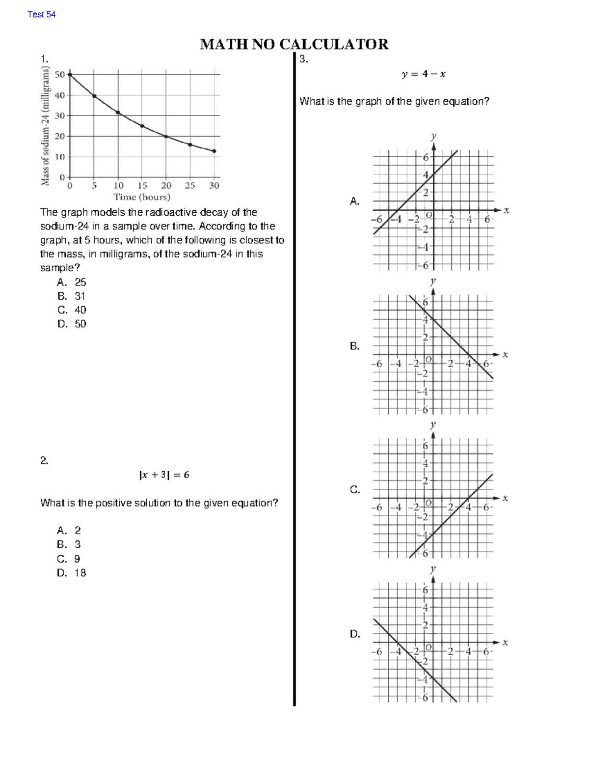 Math 54 - SAT Math Test 54 No Calculator Review - Studocu