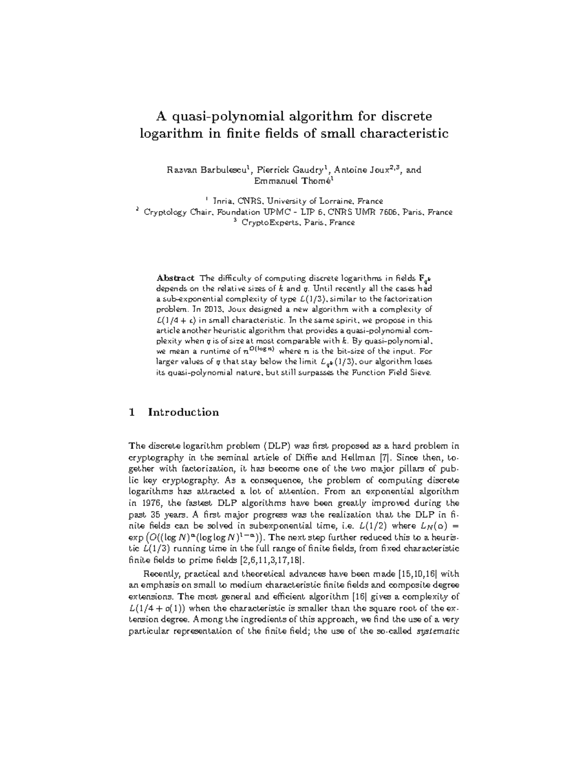 A quasi-polynomial algorithm for discrete logarithm in finite fields of ...