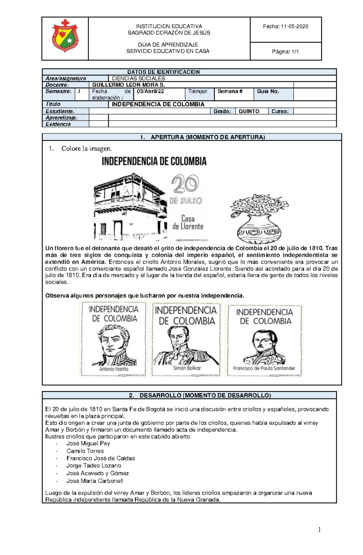 GUÍA # 4: Independencia de Colombia para 5° Grado de Ciencias Sociales ...