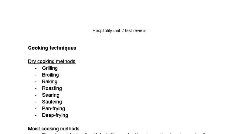 Hospitality Unit 2 Test Review: Cooking Techniques Overview - Studocu
