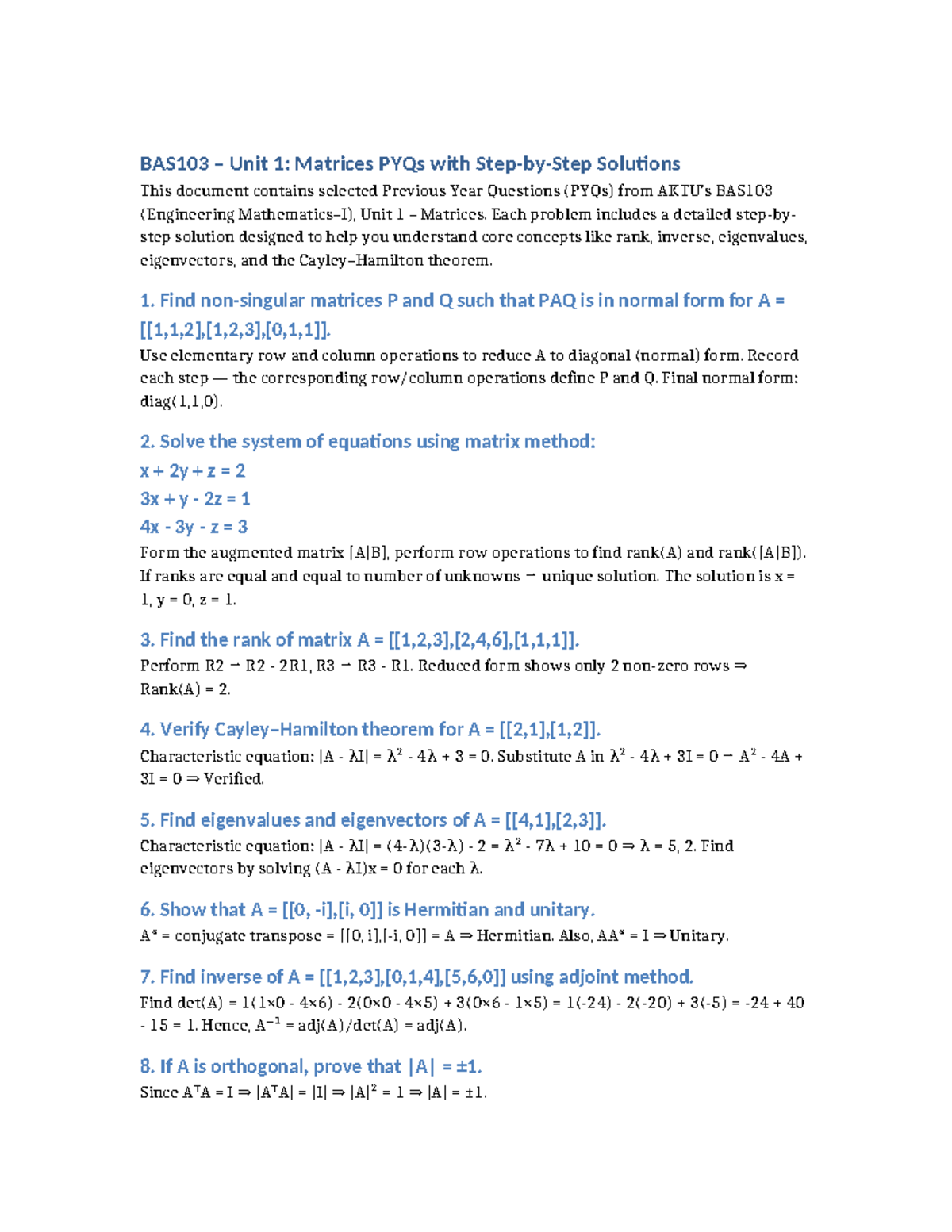BAS103 Unit 1: Matrices PYQs & Detailed Solutions - Studocu